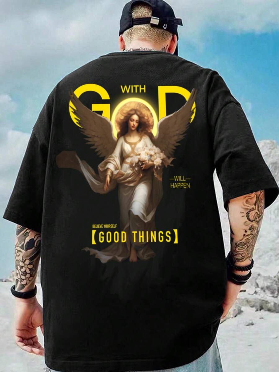 Manfinity EMRG Men's Loose Fit Drop Shoulder Angel & Letter Print T ...