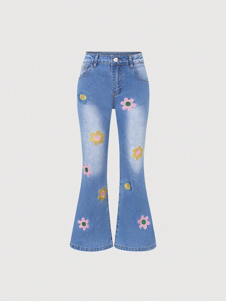 Tween Girls' Cute And Playful Flower Pattern Jeans | SHEIN USA
