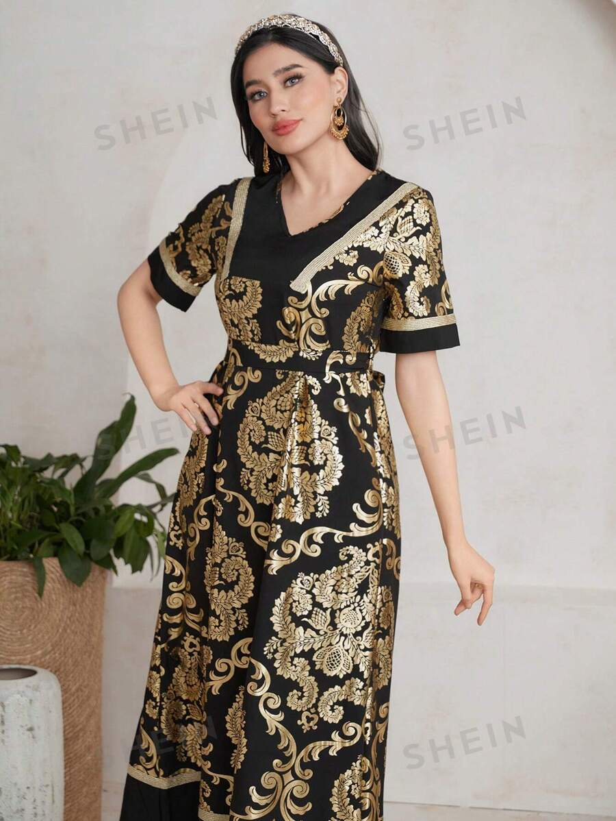 SHEIN Najma Vestido árabe con estampado total y cuello en V | Moda de ...