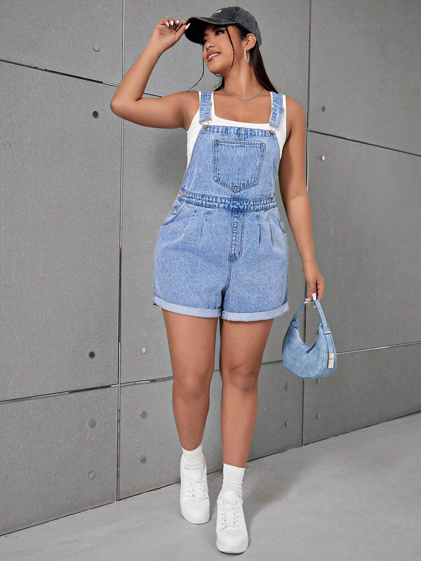 SHEIN EZwear Plus Size Adjustable Strap Loose Fit Denim Overall Shorts ...
