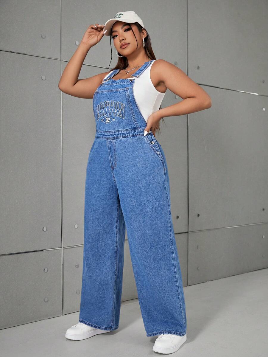 SHEIN EZwear Loose Plus Size Denim Overalls, Blue | SHEIN USA