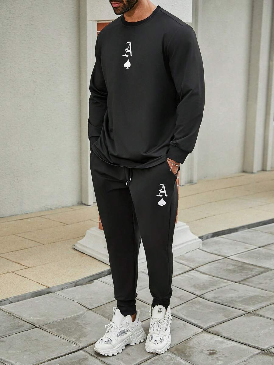 Manfinity Homme 2pcs/Set Plus Size Men's Poker Print Round Neck Sweatshirt And Sweatpants ...