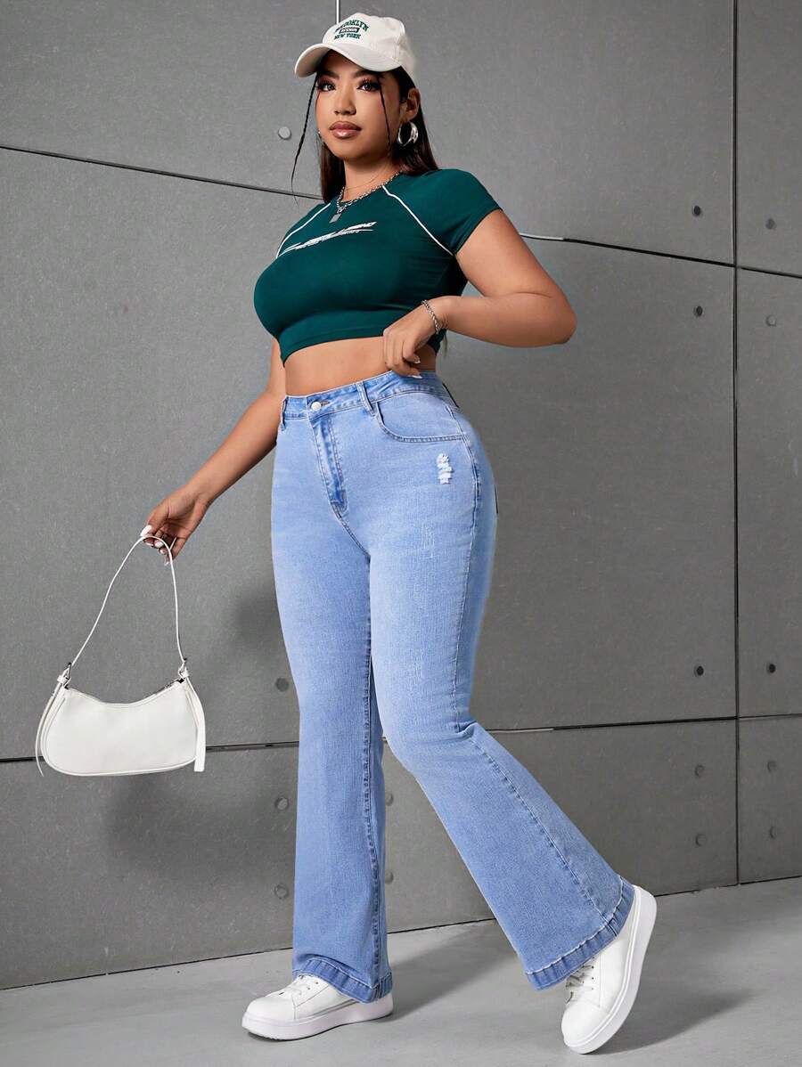 SHEIN EZwear Plus Size Distressed Detail Flared Jeans With Stone Wash ...