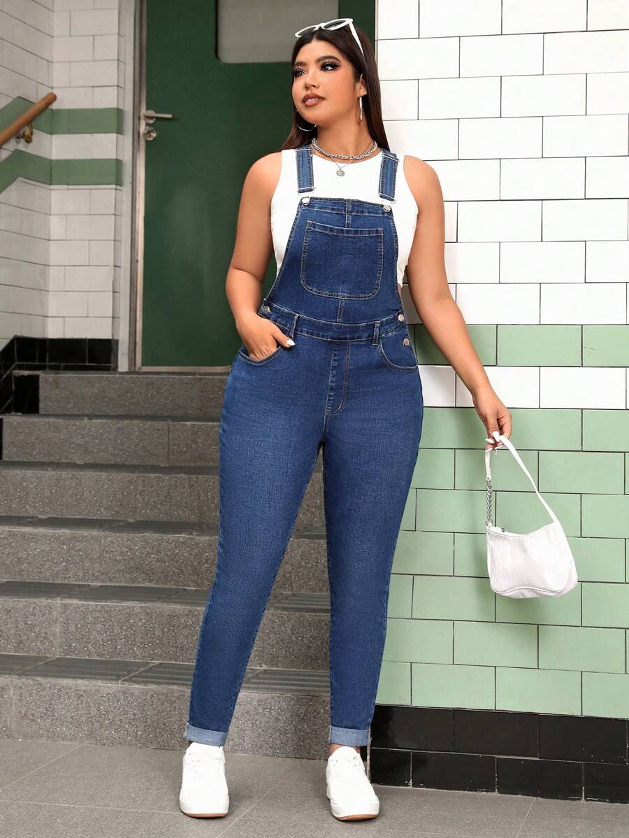 SHEIN ICON Plus Size Slim Fit Denim Overalls | SHEIN USA