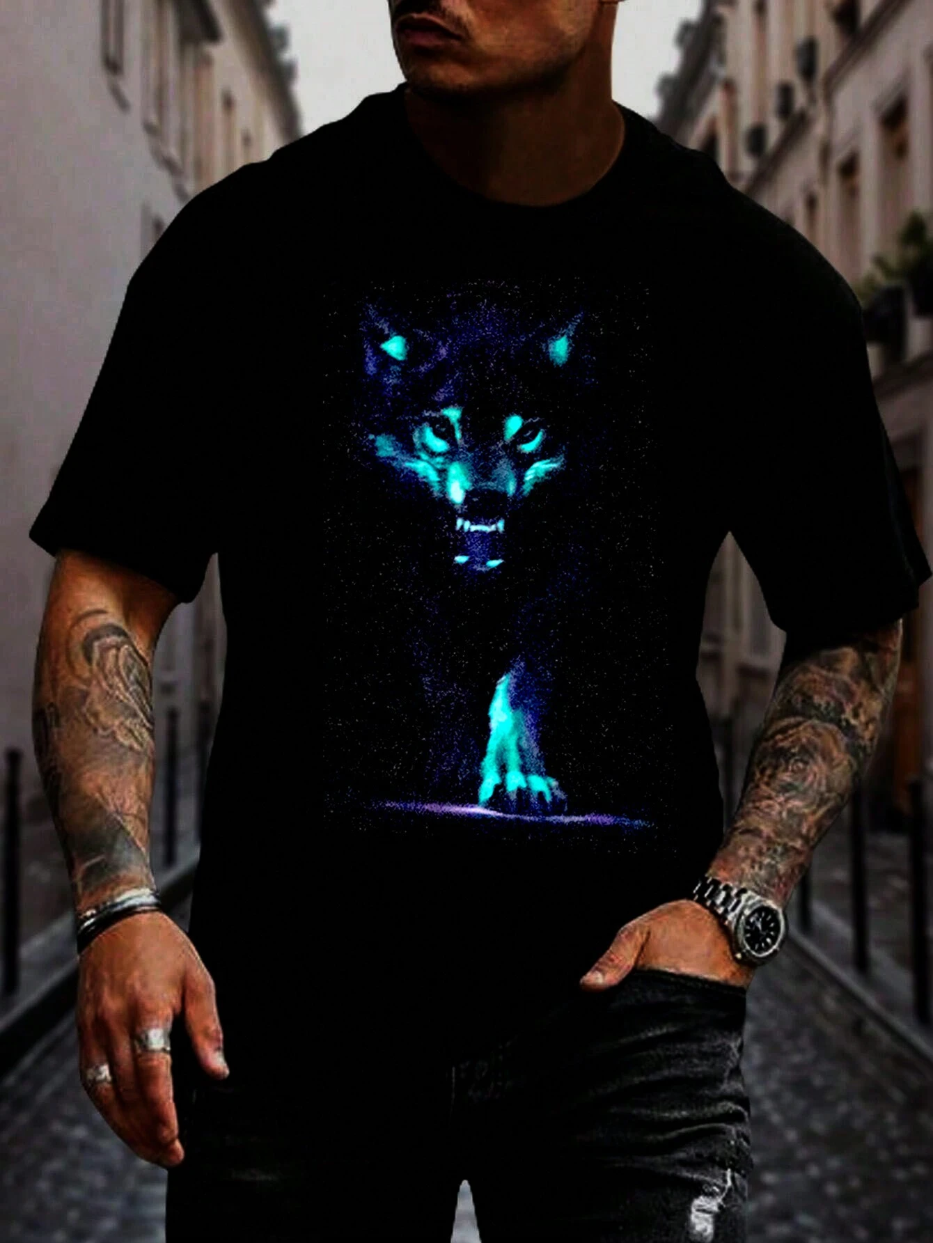 Manfinity LEGND Men's 3d Wolf Graphic Printed Short Sleeve T-Shirt With ...