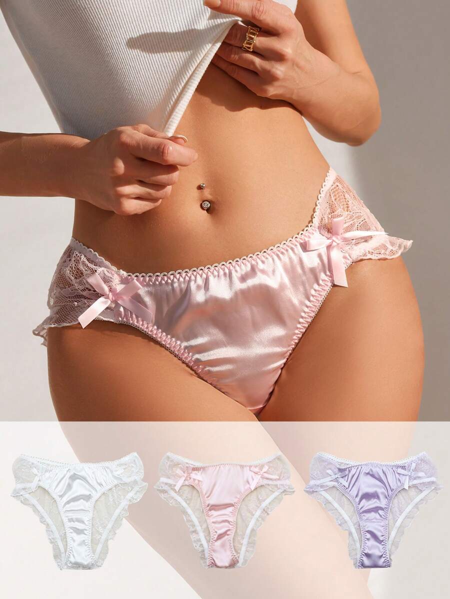 Shein Womens Lace Patchwork Triangle Panties With Bow Decoration