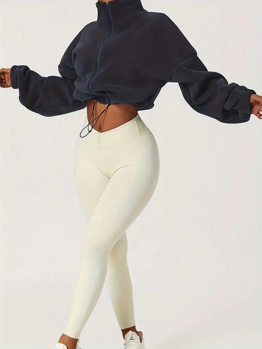 Women's Solid Color Zipper Front Drawstring Waist Sweatshirt | SHEIN USA