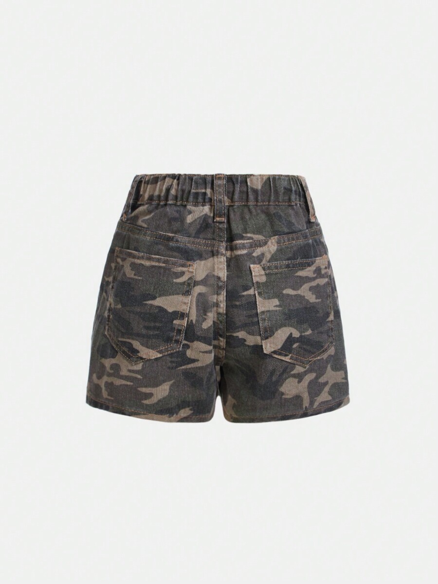 SHEIN Tween Girls' Camouflage Pattern Denim Skort With Asymmetrical Hem ...