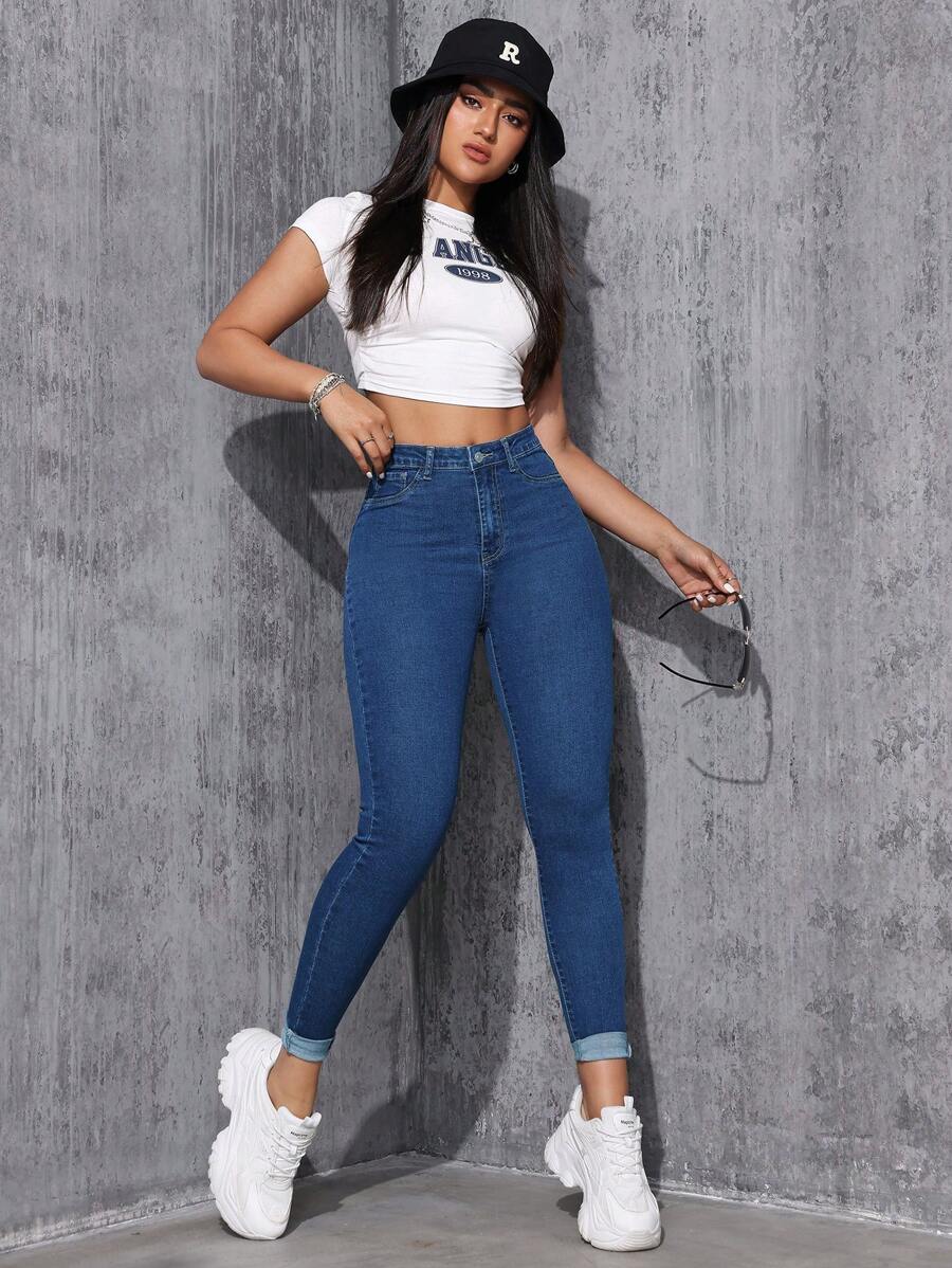 SHEIN Tall Women Elastic Pocket Washed Skinny Denim Jeans | SHEIN USA