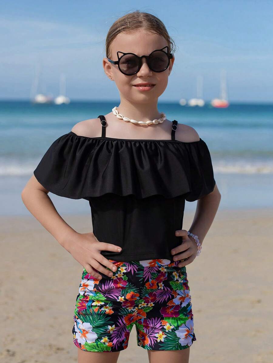 Conjunto De Traje De Baño Tankini Con Estampado Tropical Y Ribete De ...