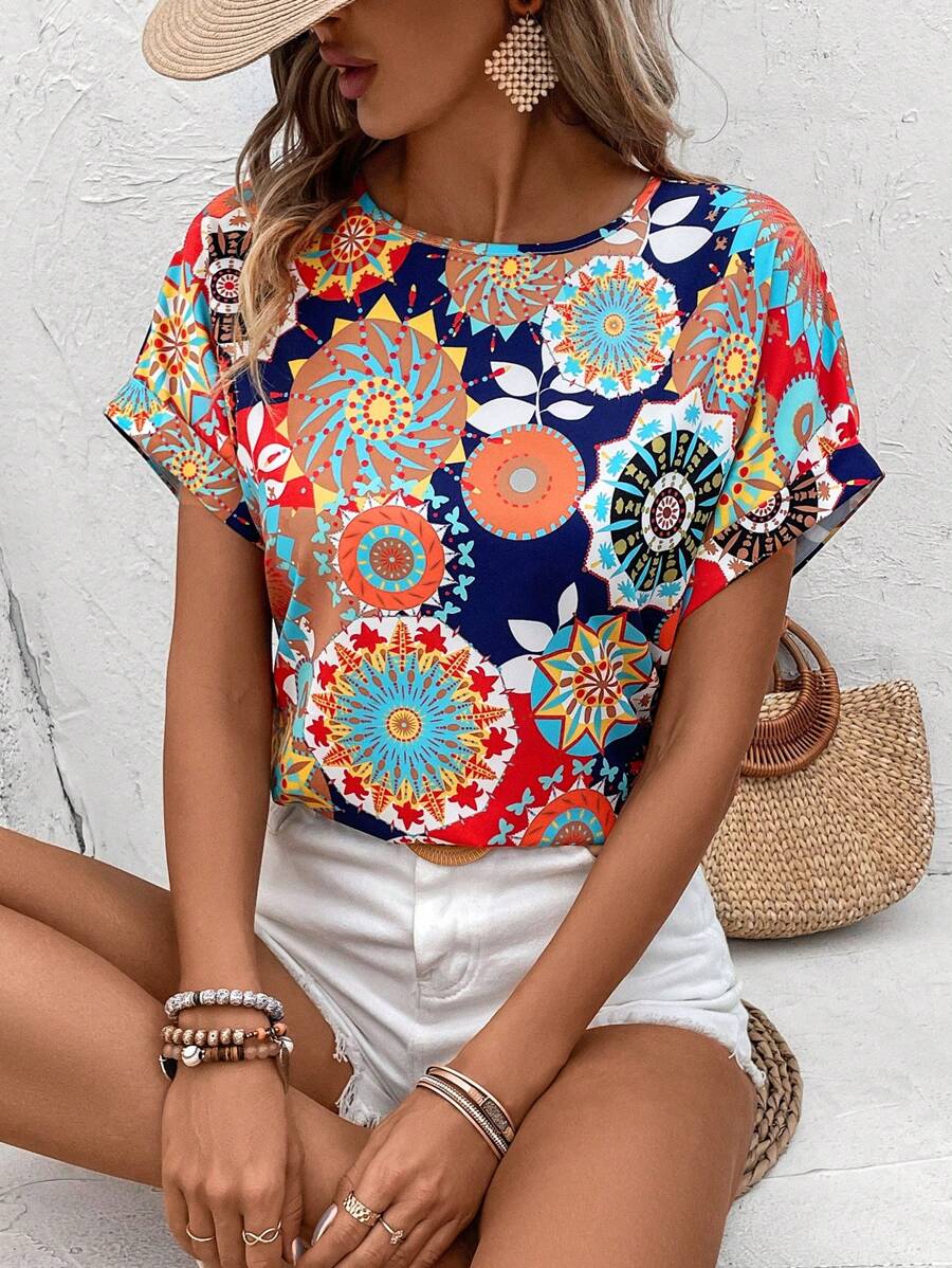 SHEIN LUNE Colorful Vacation Style Casual All-Over Print Round Neck ...