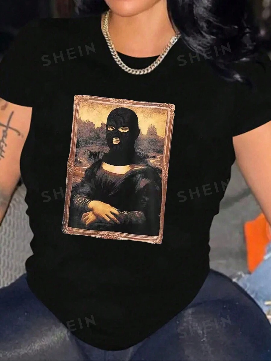 SHEIN Slayr Portrait Pattern Short Sleeve Round Neck T-Shirt | SHEIN USA