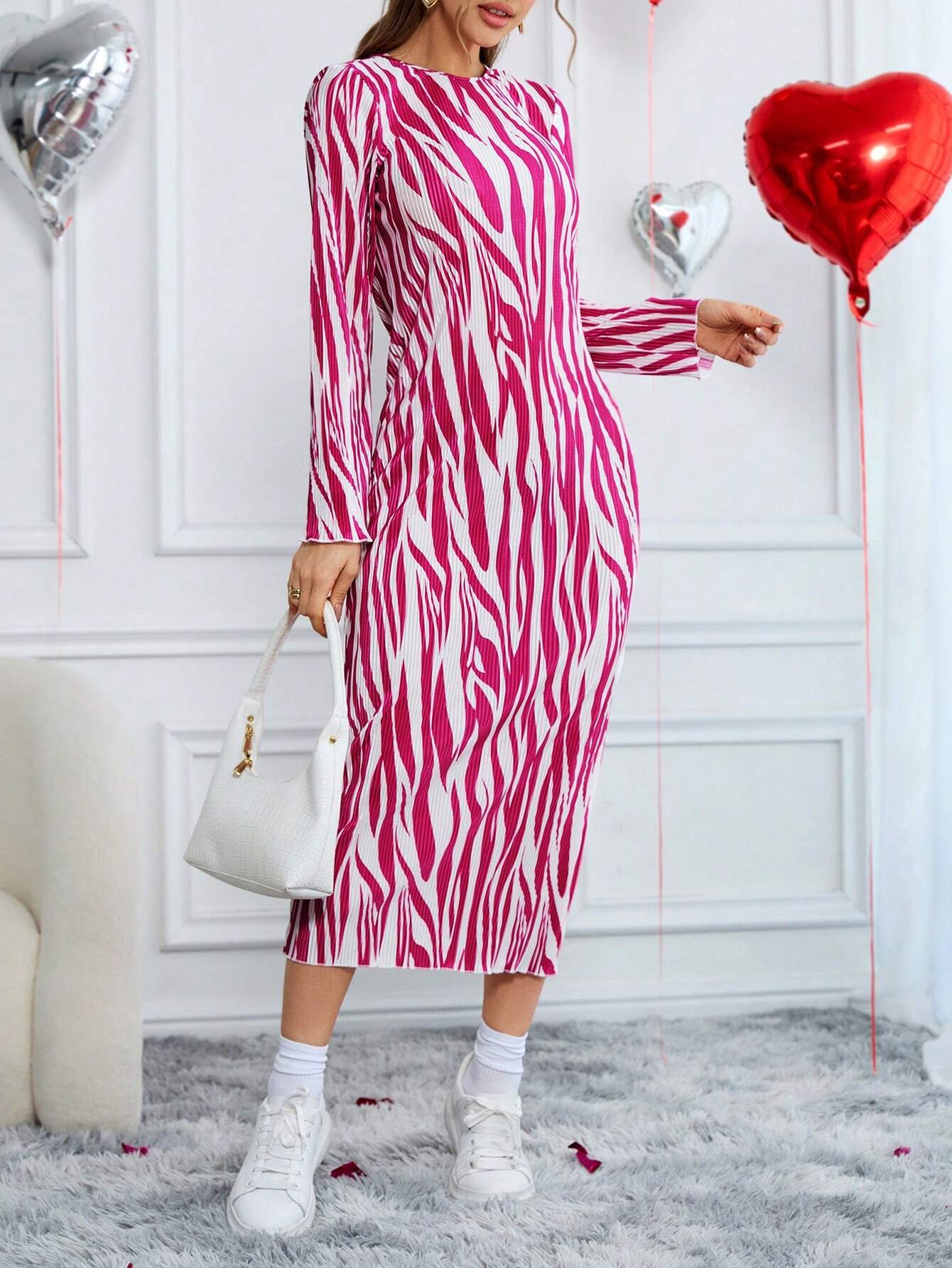SHEIN Essnce Valentine's Day Casual Round Neck Pleated Slit Dress For ...