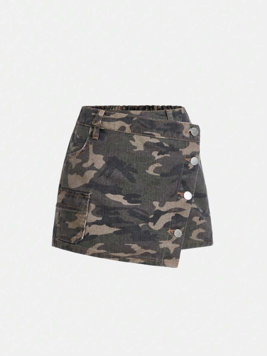 SHEIN Tween Girls' Camouflage Pattern Denim Skort With Asymmetrical Hem ...