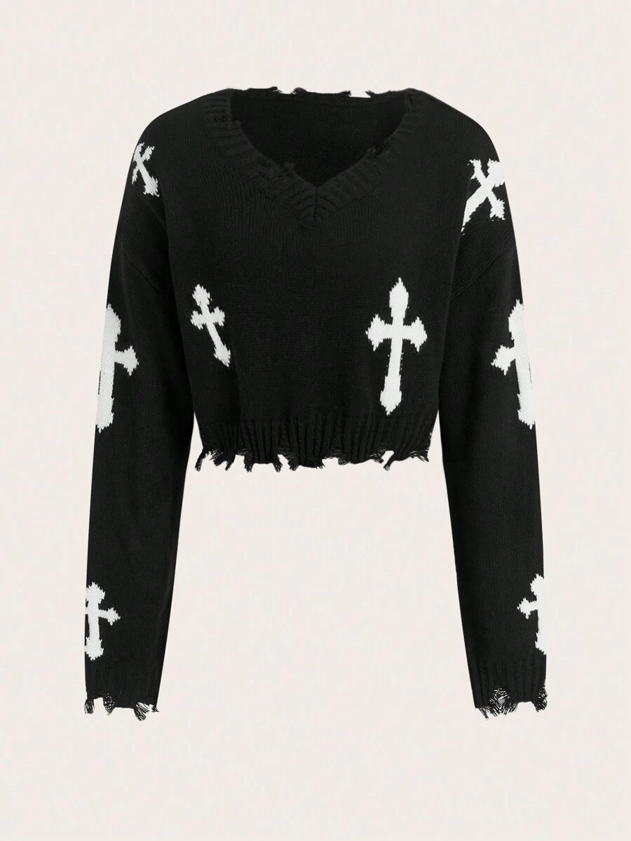 SHEIN EZwear Women's Sweater With Cross Pattern And Frayed Edges,Long ...