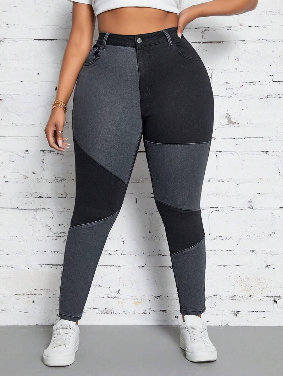 SHEIN SXY Plus Size Color Block Tight Jeans | SHEIN USA