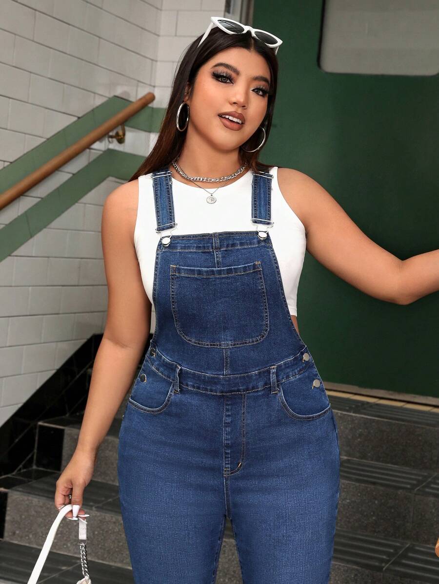 SHEIN ICON Plus Size Slim Fit Denim Overalls | SHEIN USA