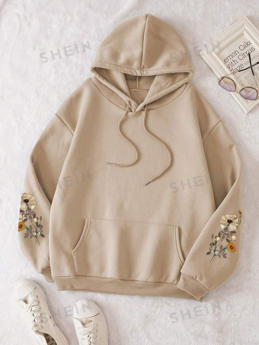 SHEIN Essnce Floral Print Drawstring Thermal Lined Hoodie | SHEIN UK