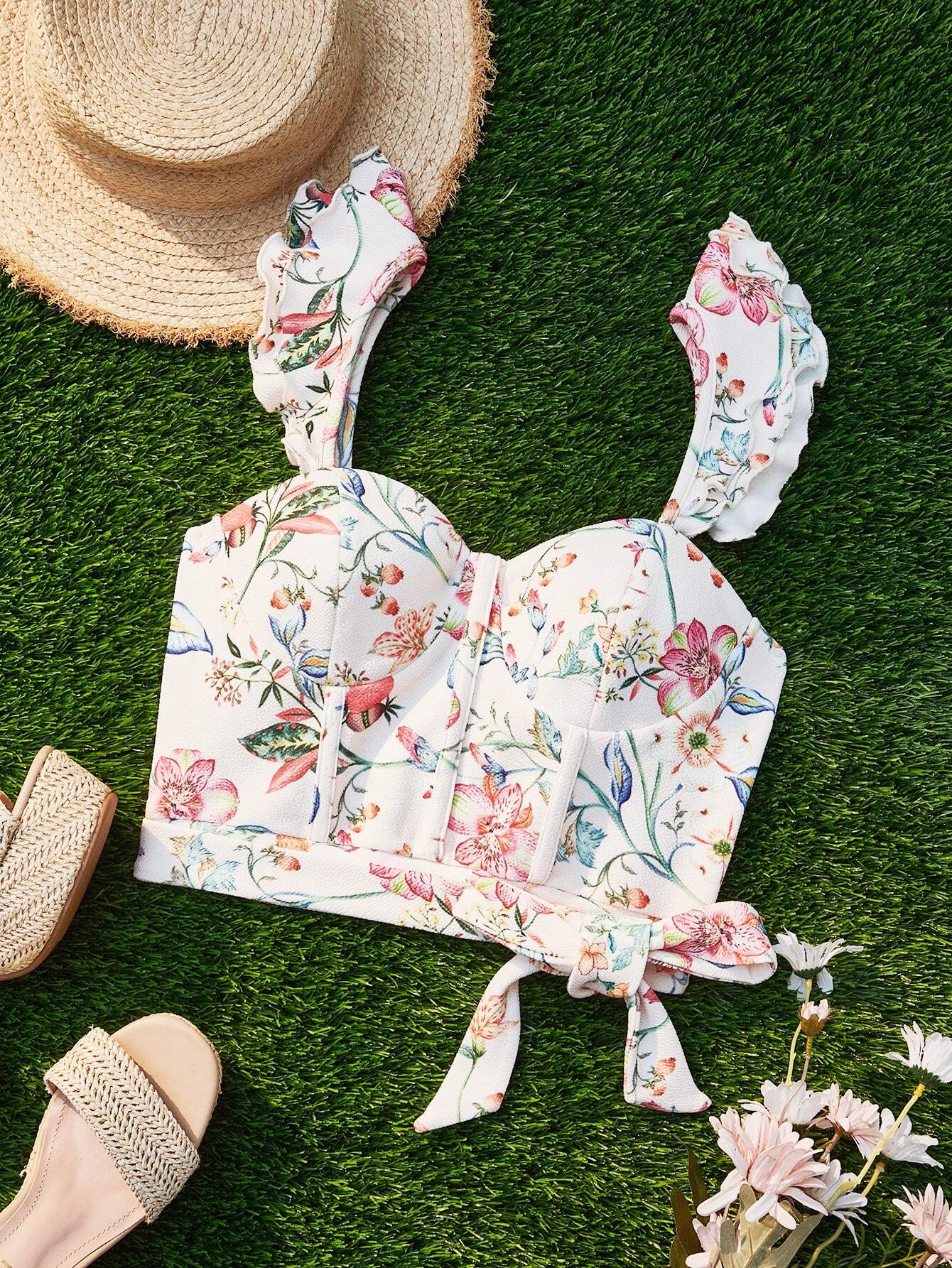 SHEIN VCAY Summer Vacation Ladies Floral Print Ruffled Shoulder ...