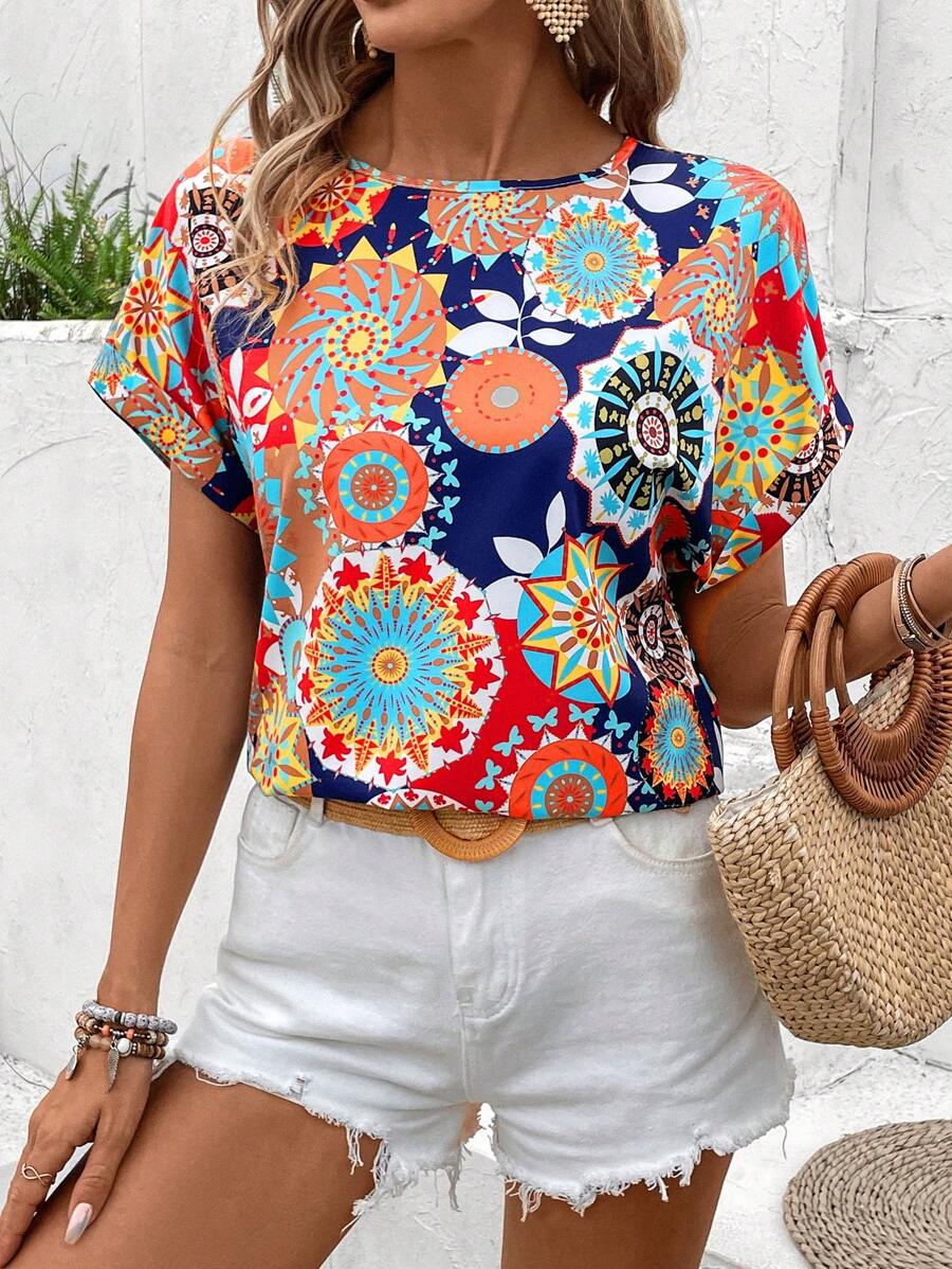 SHEIN LUNE Colorful Vacation Style Casual All-Over Print Round Neck ...