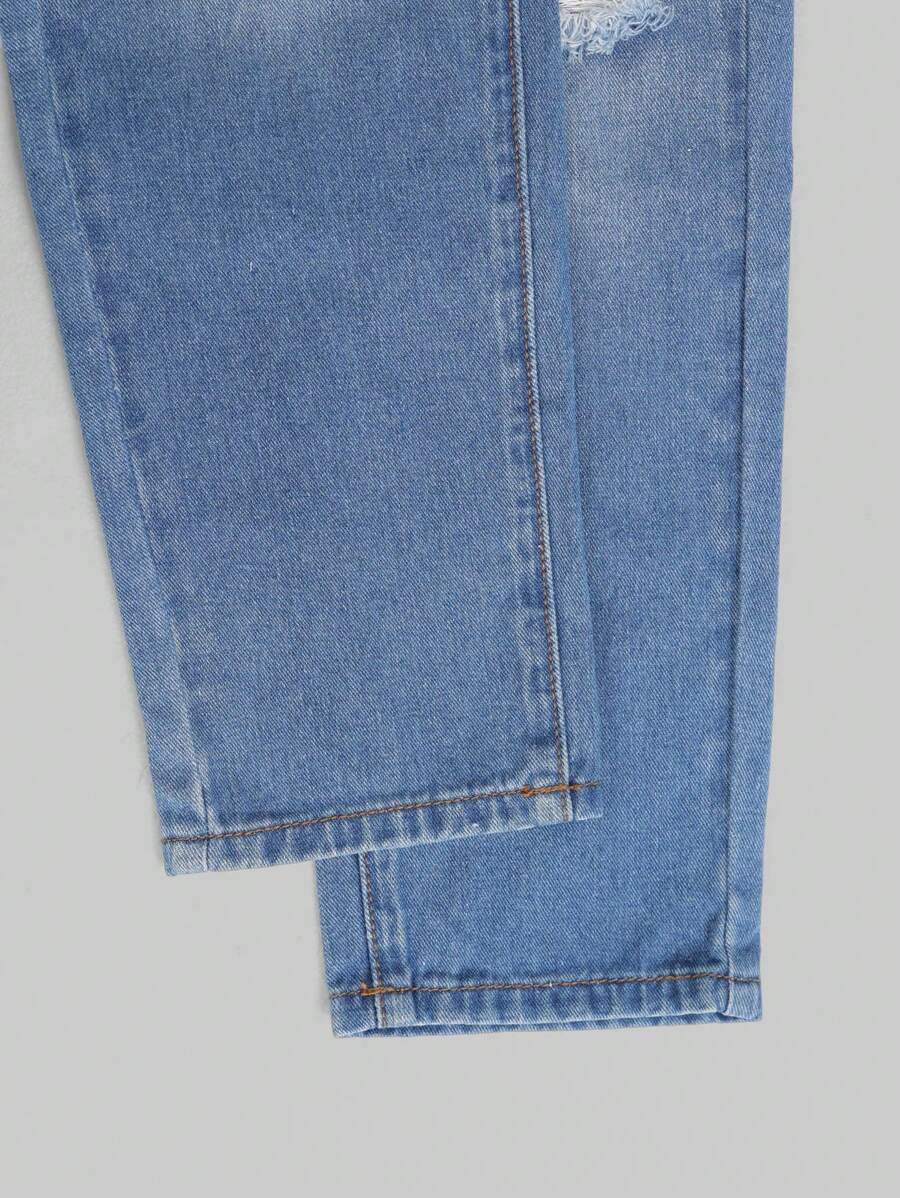 Teen Girls' High Waist Straight Leg Jeans With Washed And Ripped Design | SHEIN UK