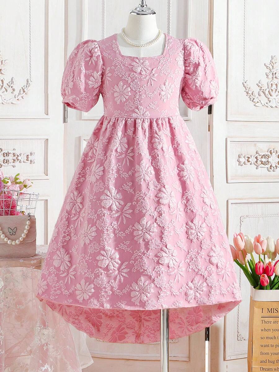 Tween Girl's Elegant Square Neck Raised Flower Fabric Dress | SHEIN ...