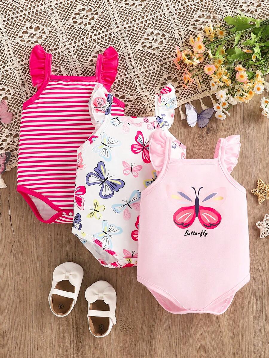 SHEIN 3pcs Baby Girls' Butterfly & Stripe Print Rompers Set, Lovely And ...