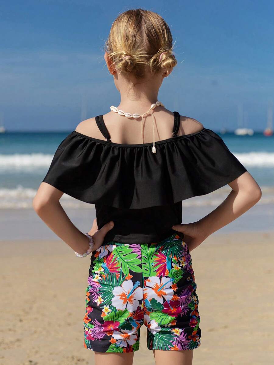 Conjunto De Traje De Baño Tankini Con Estampado Tropical Y Ribete De ...