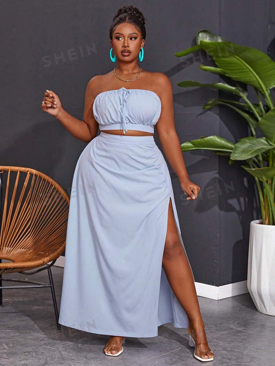 SHEIN Slayr Plus Size Women's Strapless Pleated Top With Slit Skirt Two ...