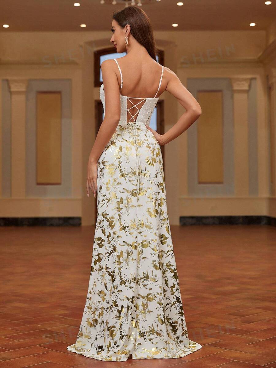 SHEIN Belle Ladies' Evening Gold Foil Floral Print Mermaid Style Slit Formal Dress With ...