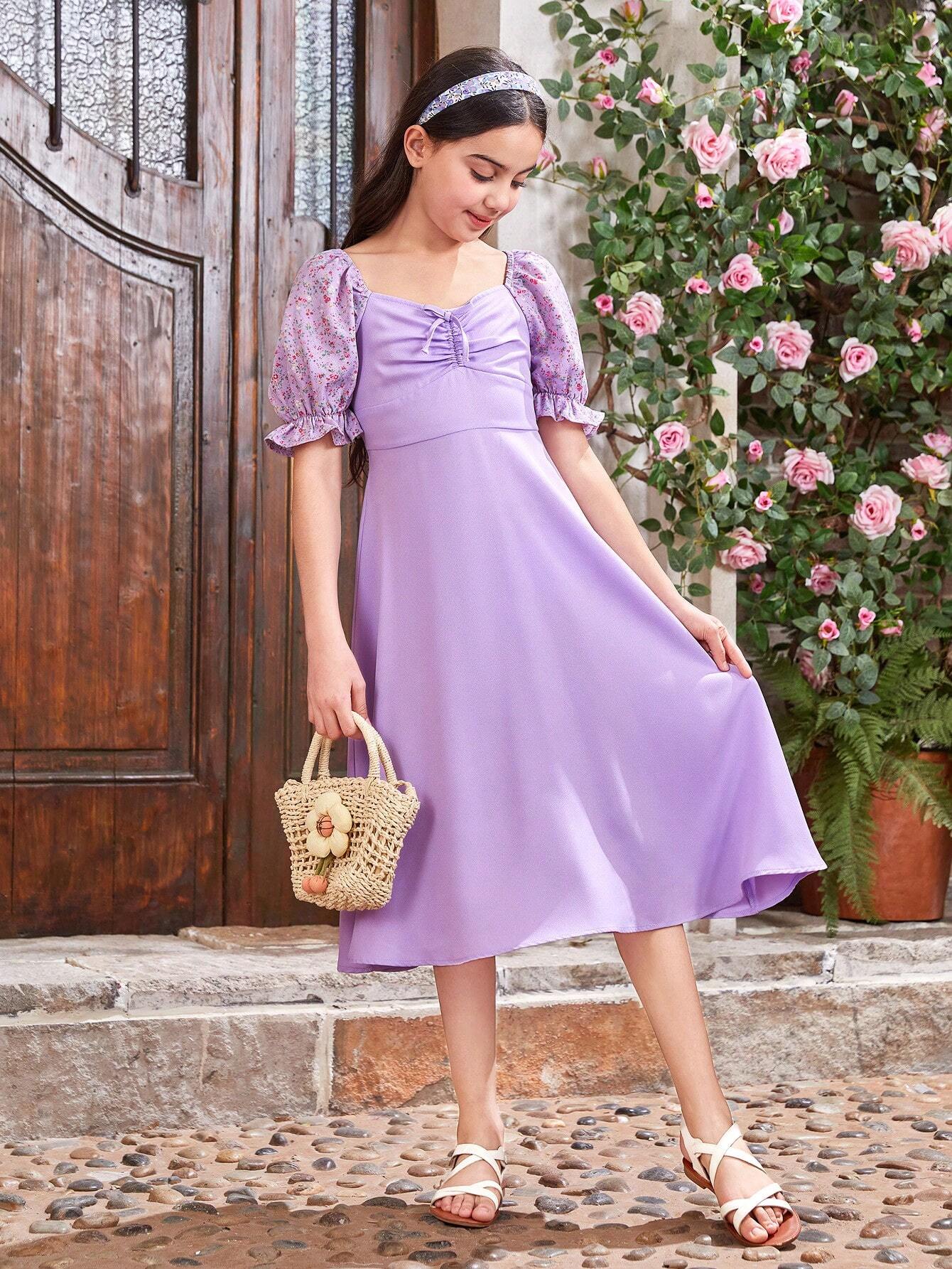 SHEIN Tween Girls' Puff Sleeve Sweetheart Neckline Flower Print Pleated ...