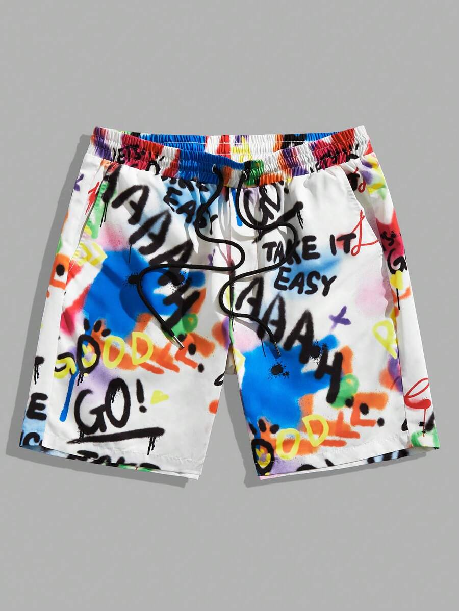 Manfinity EMRG Men's Drawstring Waist Graffiti Print Casual Shorts ...