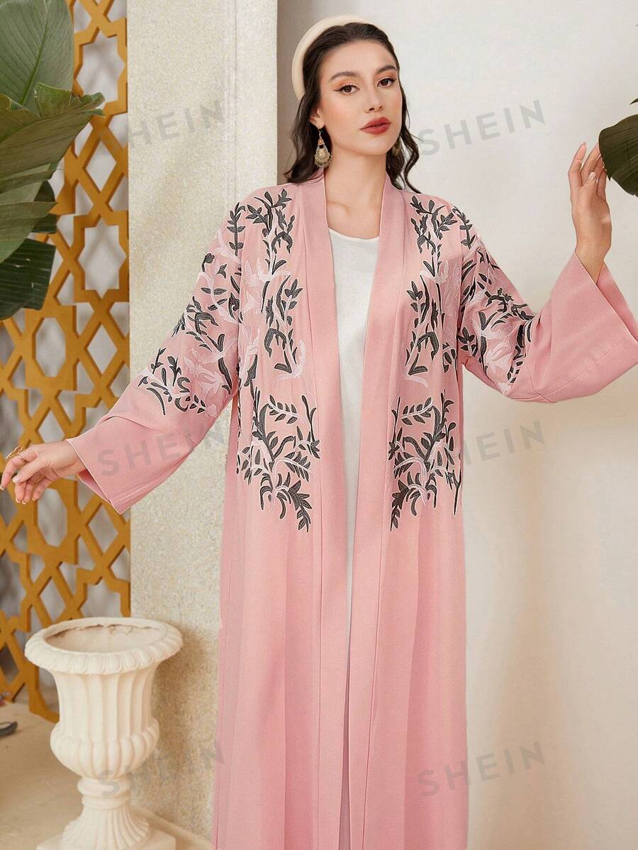 SHEIN Najma Women's Embroidery Design Loose Front Open Maxi Length ...