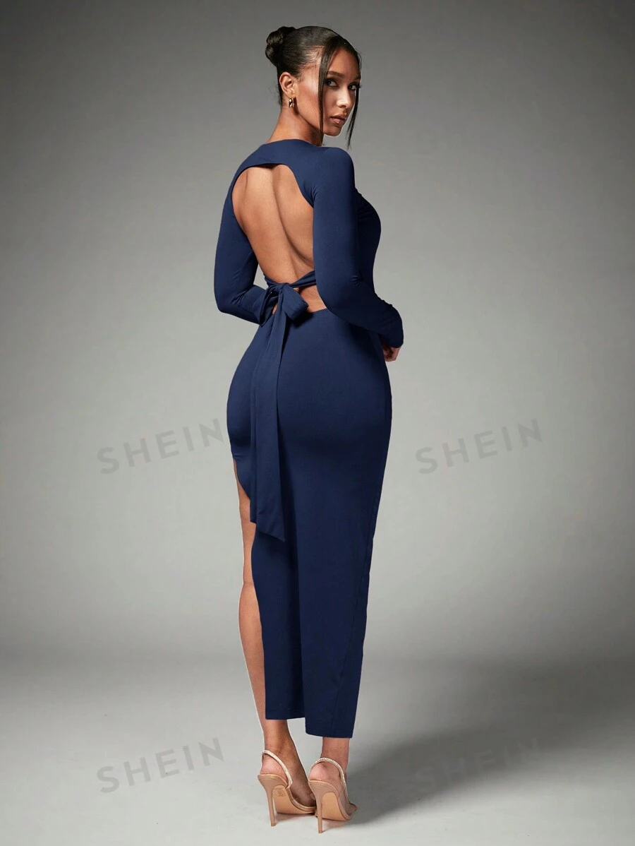 SHEIN BAE Women's High Elasticity Slim Fit Dress With High Slit, Back ...