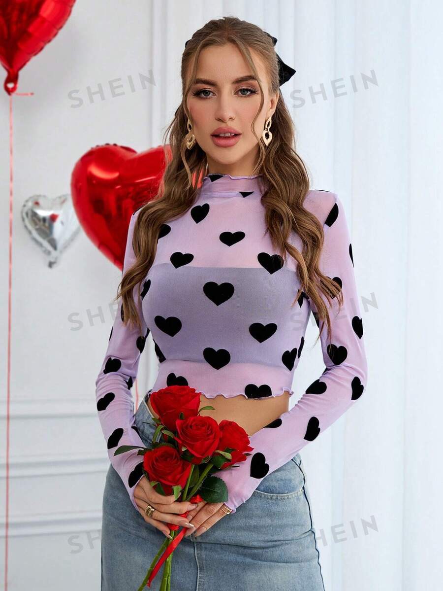 SHEIN Essnce Valentine's Day See-Through Purple Mesh Heart Flocked ...