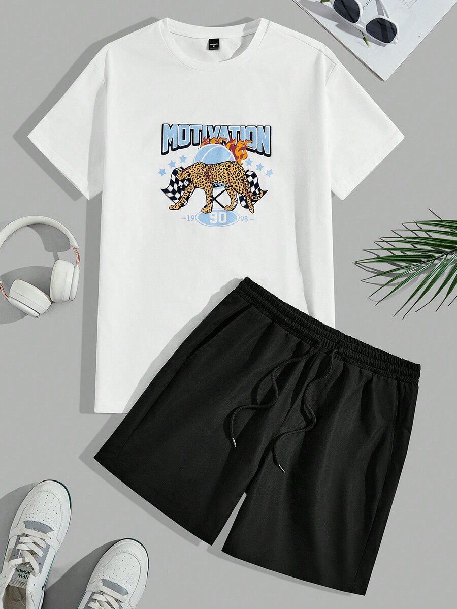 Manfinity Hypemode Heren Jachtluipaard & Letterprint T-shirts Met Effen ...