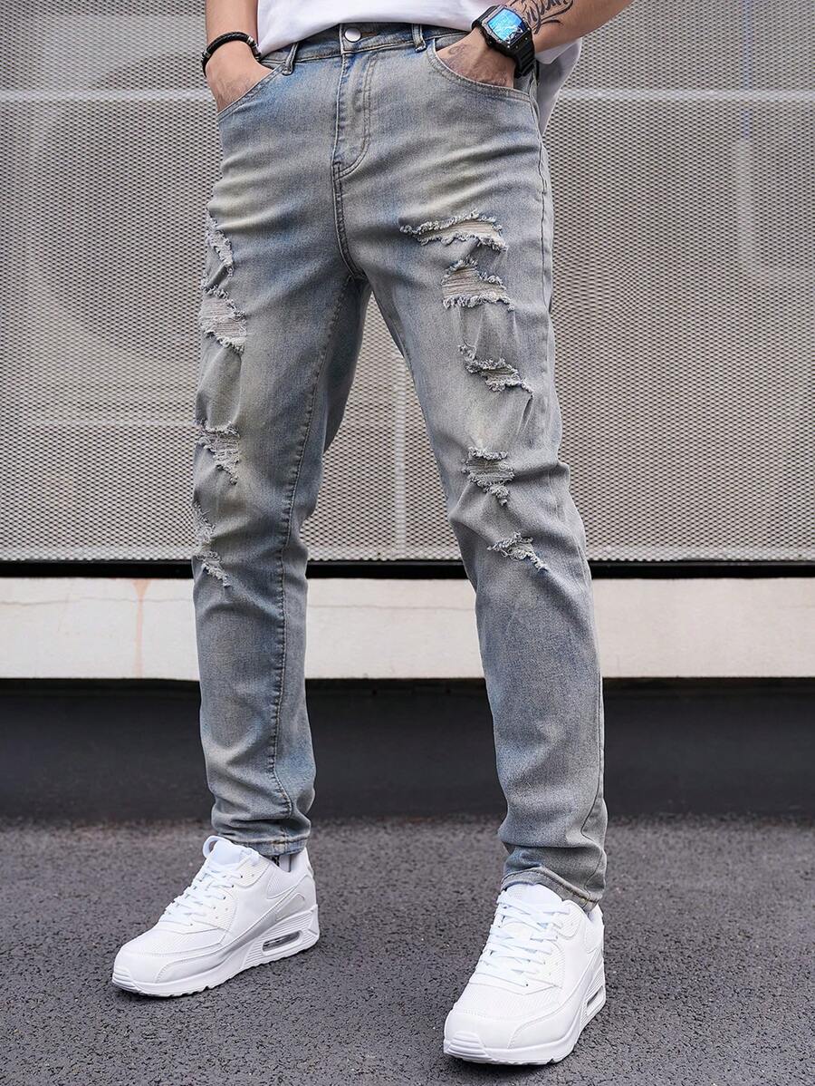 Manfinity Roghcode Men's Vintage Distressed Ripped Jeans Straight Leg ...