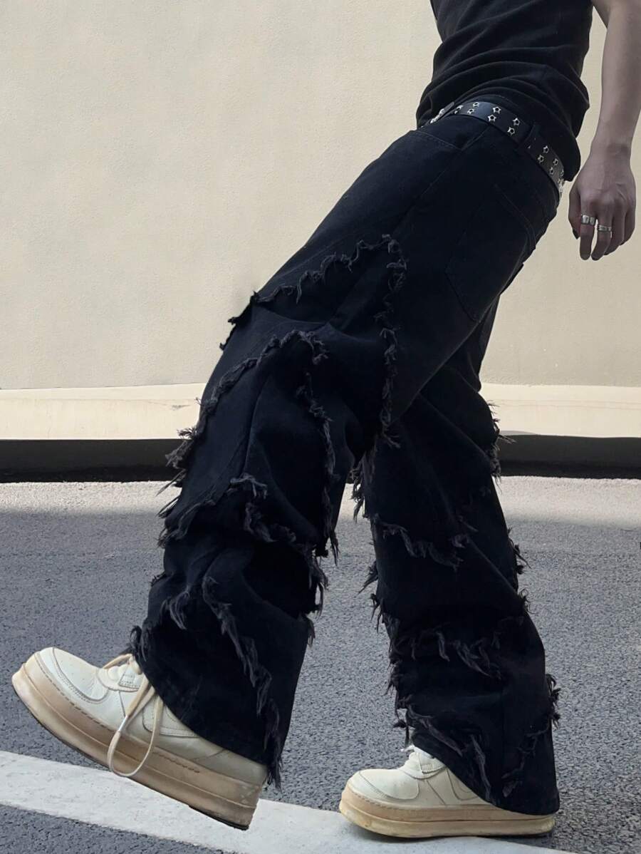 Manfinity EMRG Loose Fit Men's Solid Color Frayed Edge Jeans Without Belt | SHEIN USA