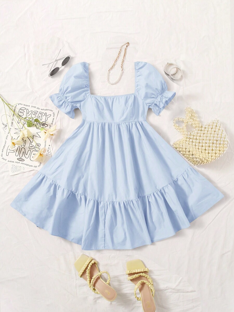 SHEIN WYWH Women's Puff Sleeve And Ruffled Hem A-Line Baby-Blue Dress ...