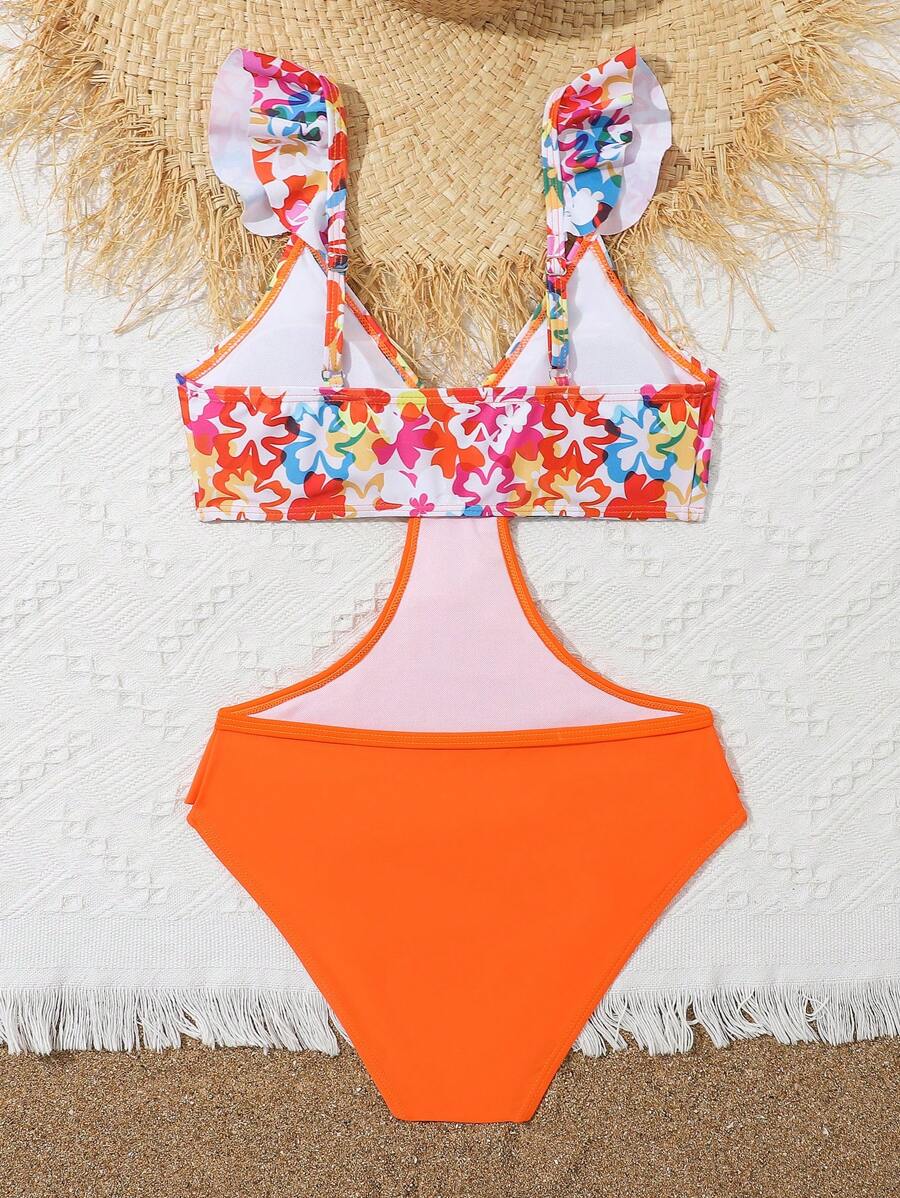 Tween Girl Contrast Floral Printed Ruffle Trim Cut Out Waist One Piece