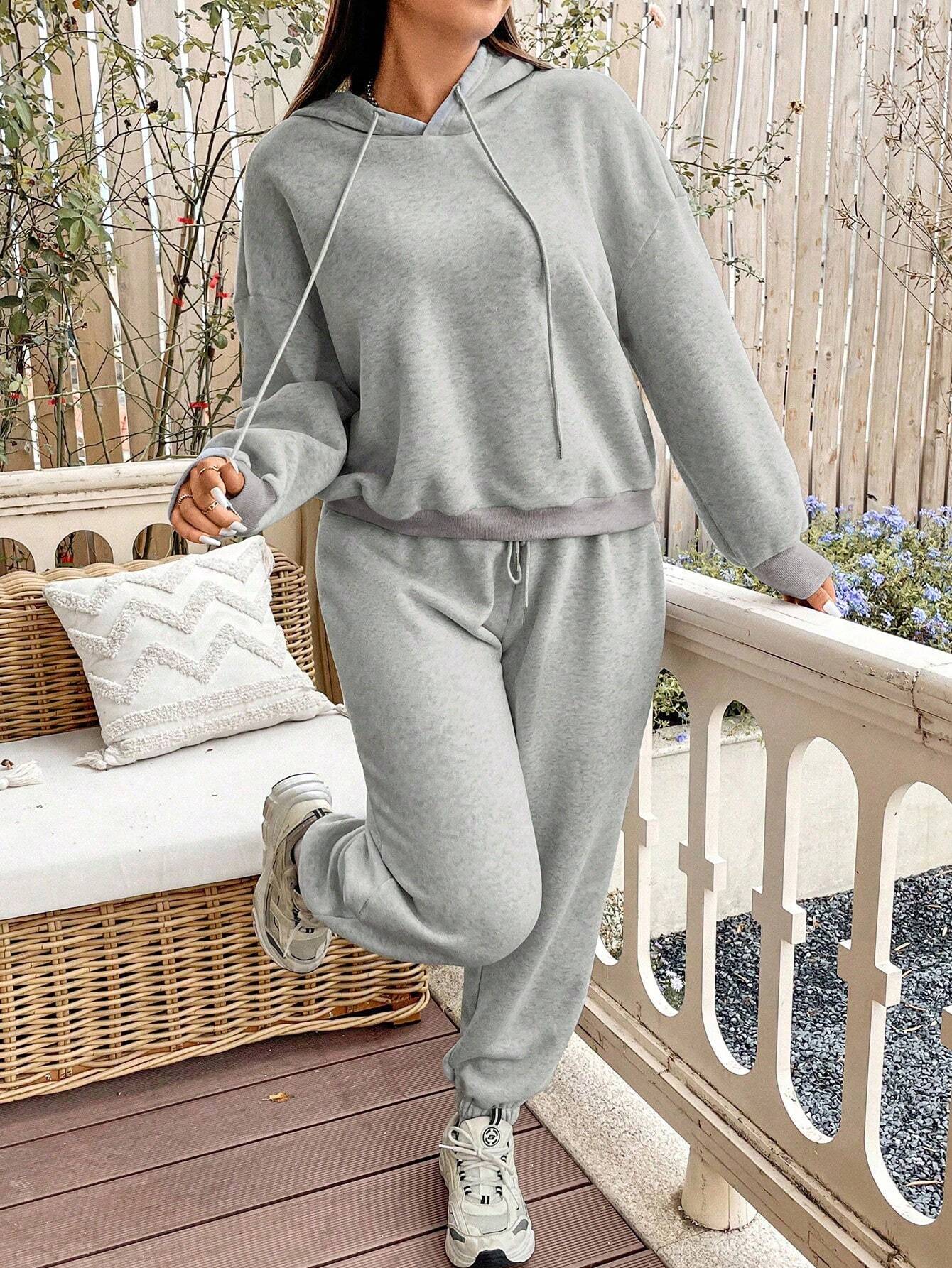 Shein Ezwear Plus Drop Shoulder Drawstring Hoodie And Sweatpants Shein Usa