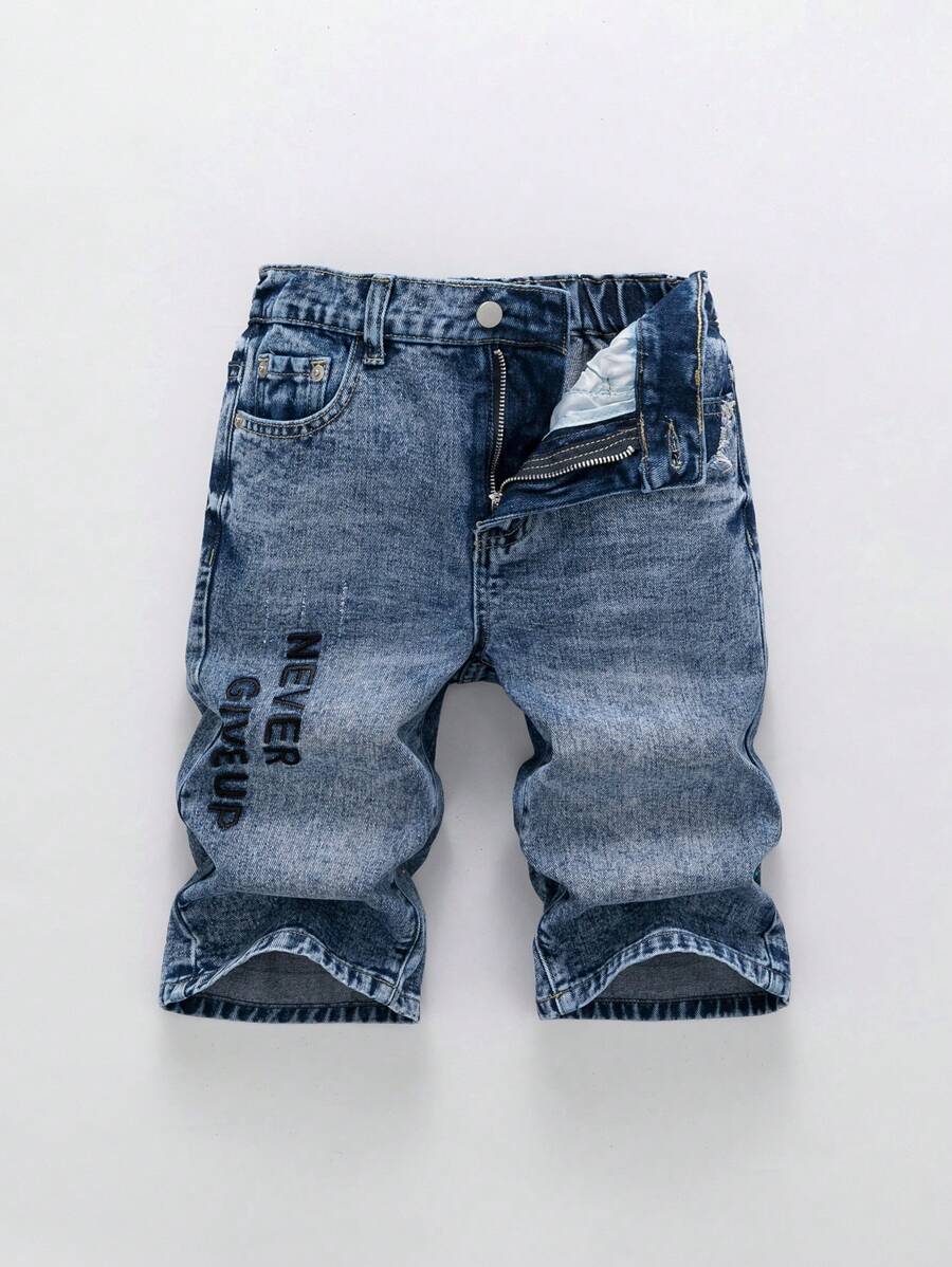 Tween Boy Medium Washed Blue Denim Shorts With Letter Print | SHEIN USA