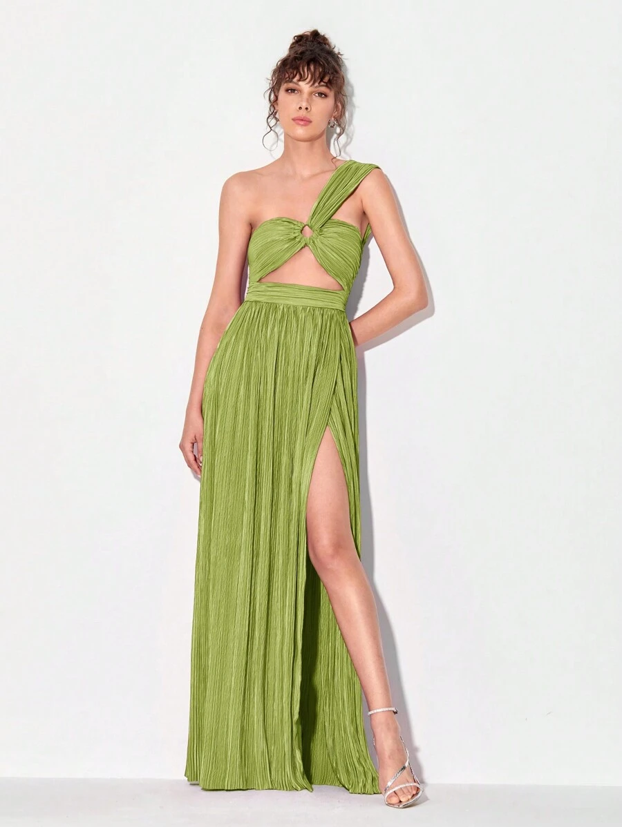 Christian Allana Designer Pleated Asymmetrical Neck Thigh Slit Dress ...