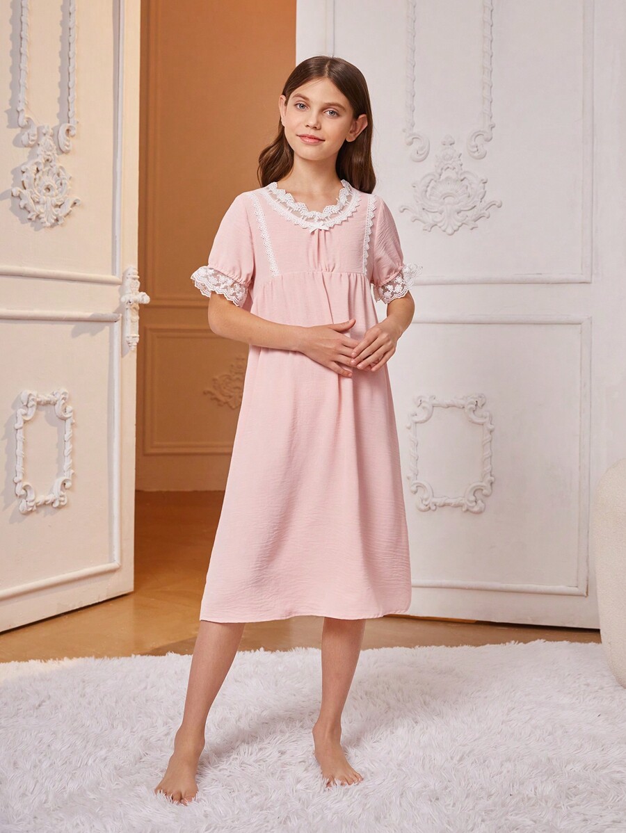 Tween Girls' Pale Pink Short Sleeve Long Nightgown With White Lace Trim ...