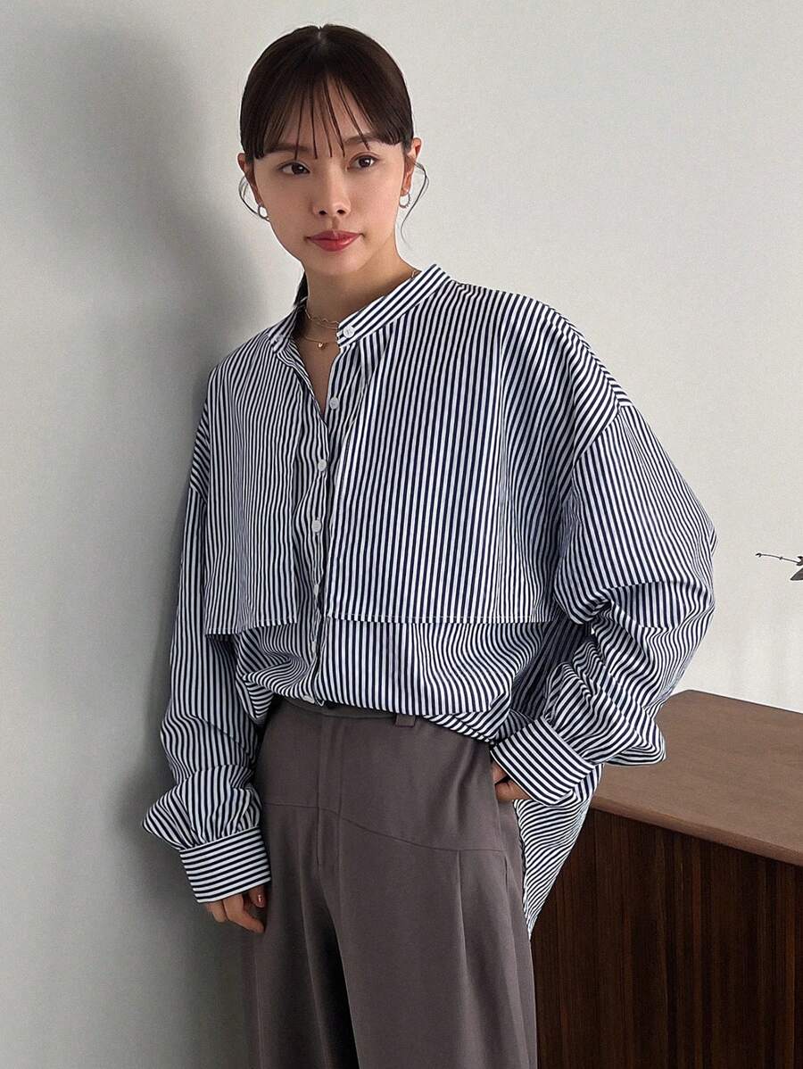 FRIFUL Damen gestreiftes Hemd mit Knopfleiste und Dropped Shoulder ...