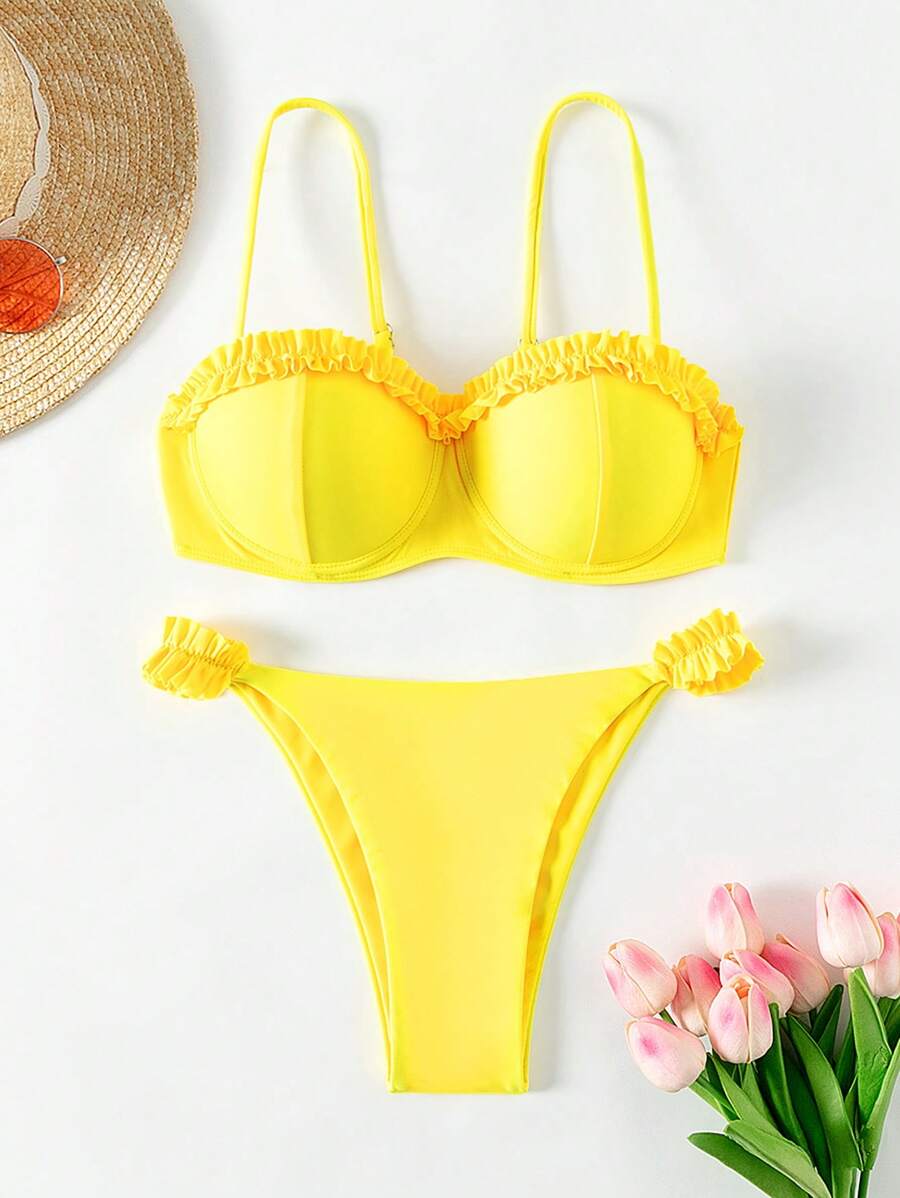 SHEIN Swim Vcay Ladies' Monochromatic Ruffle Edge Swimsuit Set Carnival ...