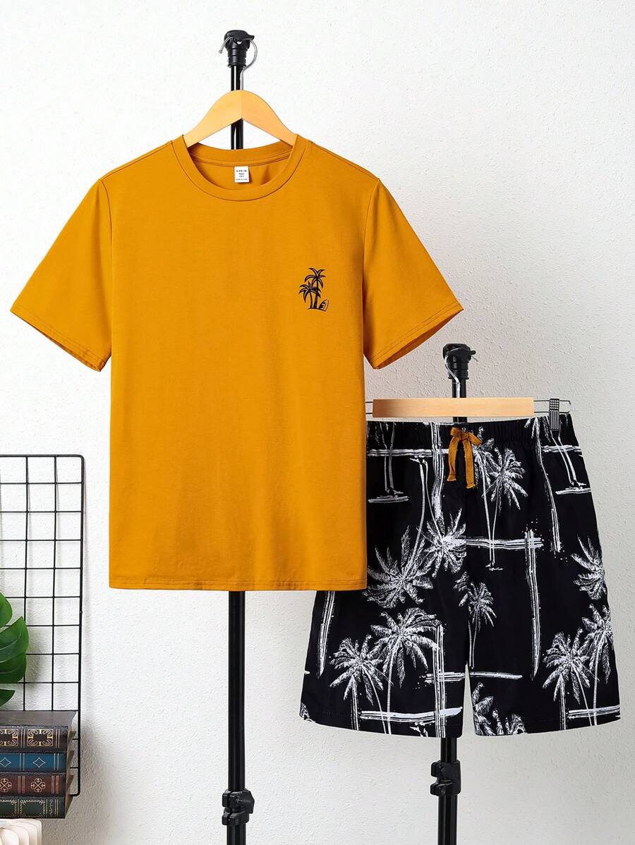 SHEIN Teen Boys' Casual Palm Tree Print Crewneck Short Sleeve Knit T ...