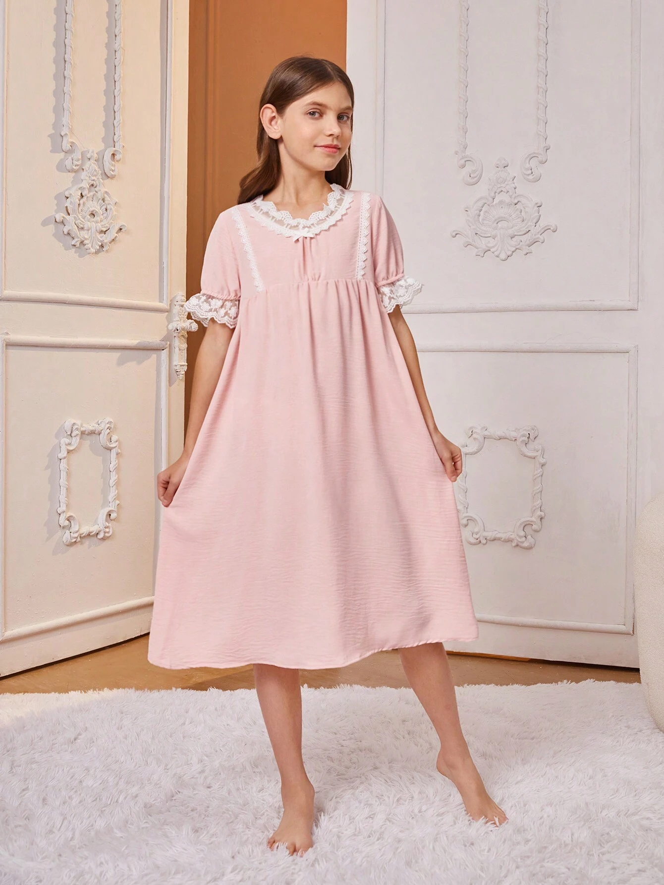 Tween Girls' Pale Pink Short Sleeve Long Nightgown With White Lace Trim ...