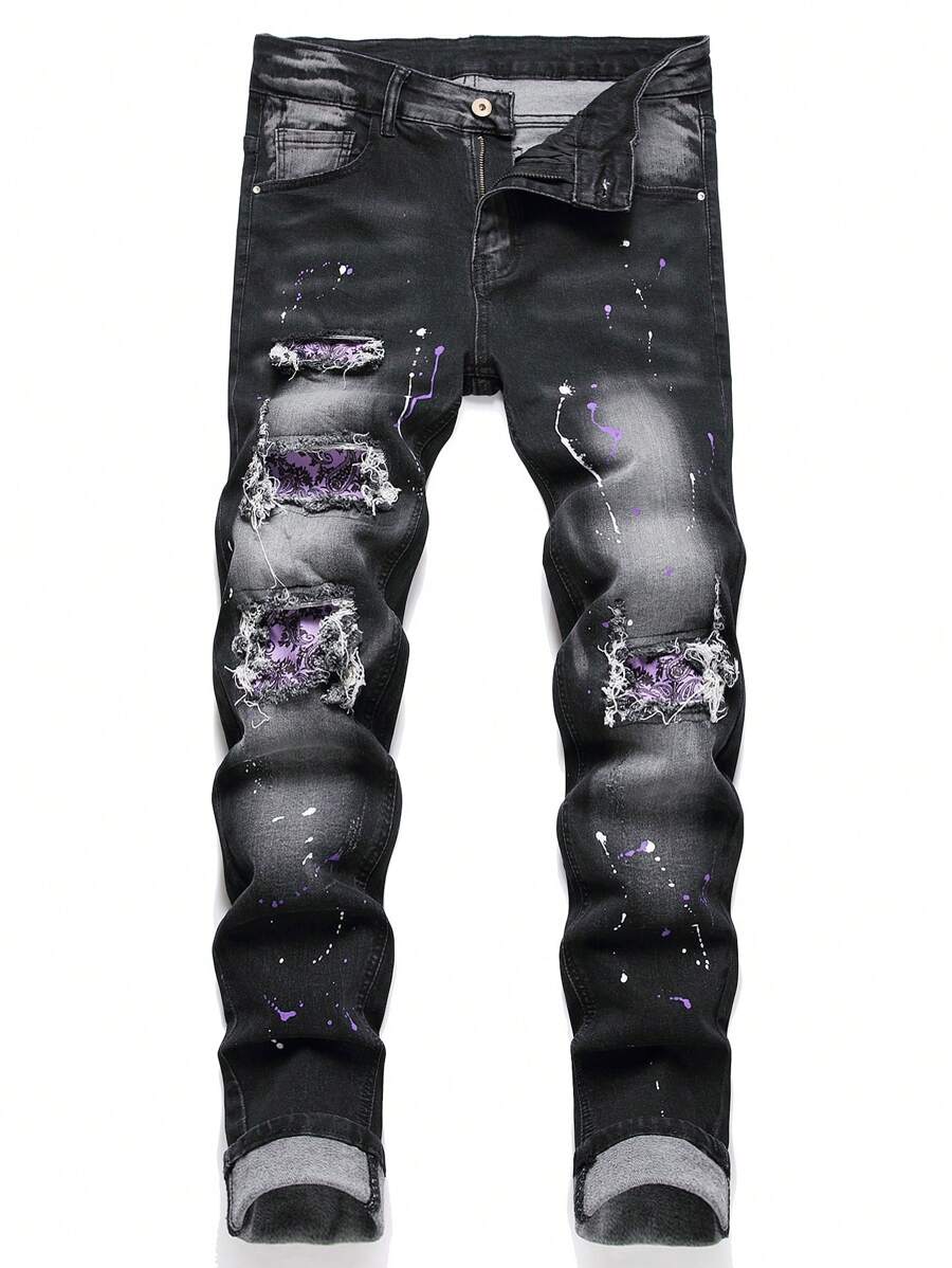 Manfinity EMRG Men'S Plus Size Ripped Ink Splash Printed Jeans | SHEIN USA