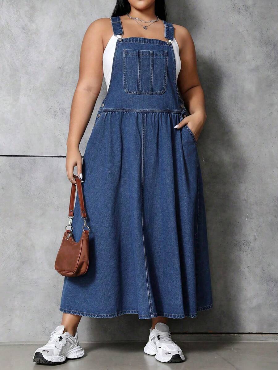SHEIN EZwear Plus Size Denim Overall Dress With Slanted Pockets | SHEIN USA